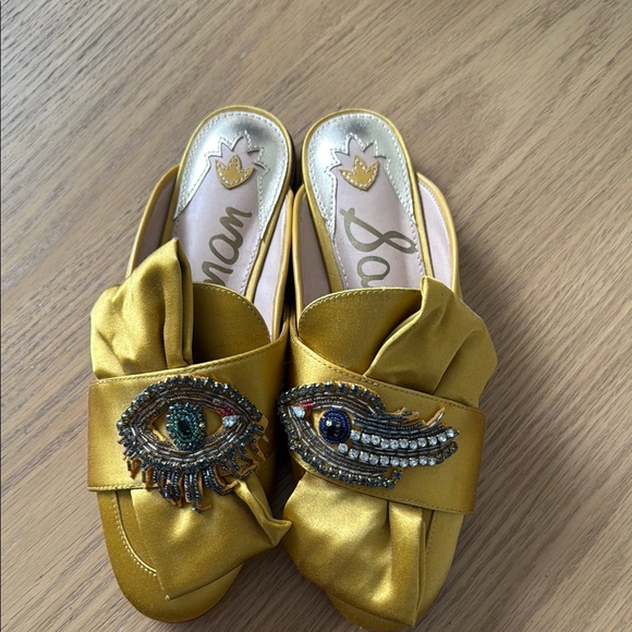 Sam Edelman | Shoes | Sam Edelman Gold Satin Mules With Crystal ...